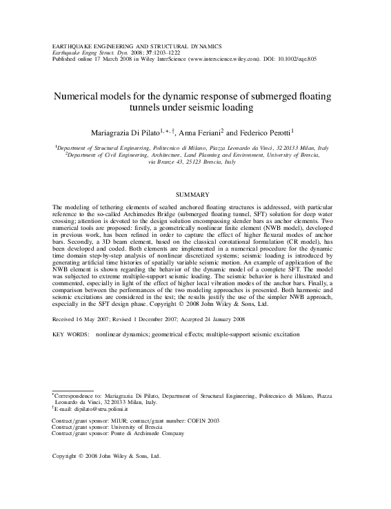(PDF) Numerical models for the dynamic response of submerged floating tunnels under seismic loading