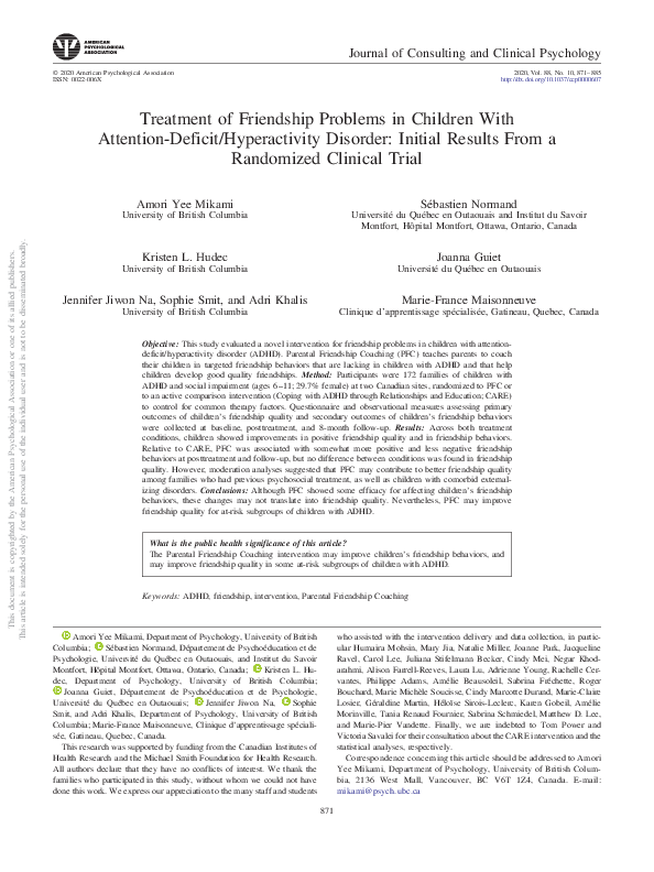 (PDF) Treatment of friendship problems in children with attention ...