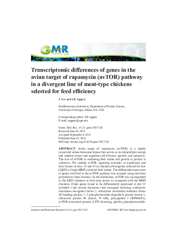 (PDF) Transcriptomic differences of genes in the avian target of rapamycin (avTOR) pathway in a ...