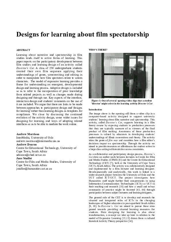 (PDF) Designs for learning about film spectatorship