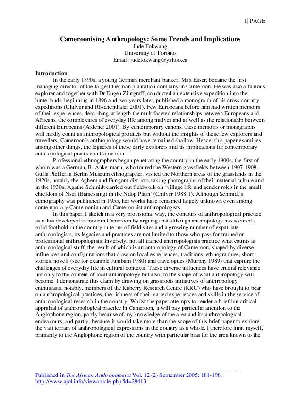 (PDF) Cameroonising Anthropology: Some trends and implications