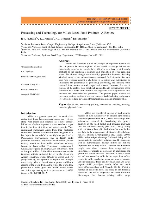 (PDF) Processing and Technology for Millet Based Food Products: A Review