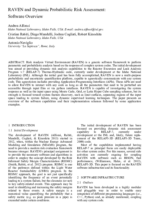 (PDF) RAVEN and dynamic probabilistic risk assessment: Software overview