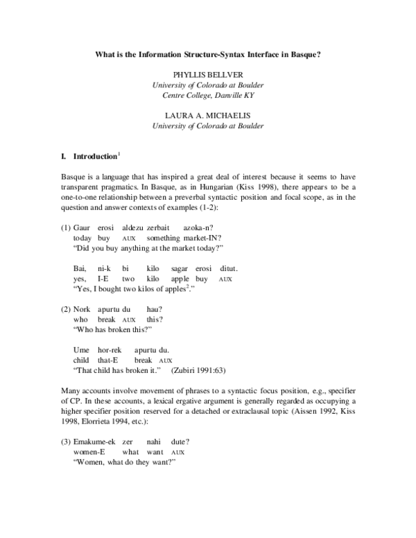 Pdf What Is The Information Structure Syntax Interface In Basque