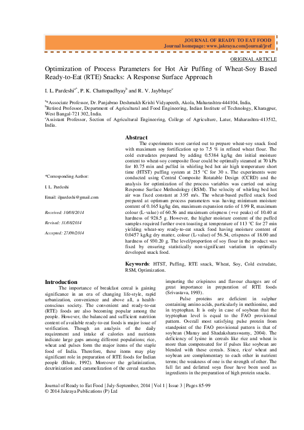 (PDF) Optimization of Process Parameters for Hot Air Puff ing of Wheat-Soy Based Ready-to-Eat ...
