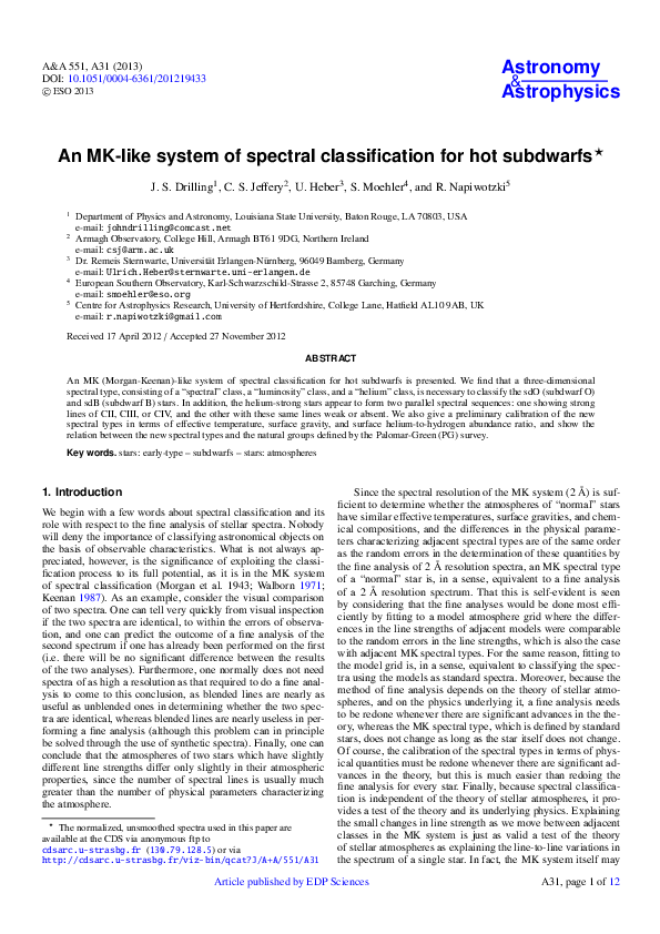 (PDF) An MK-like system of spectral classification for hot subdwarfs