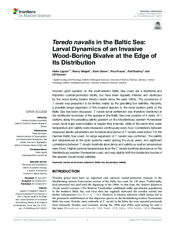 (PDF) Teredo navalis in the Baltic Sea: Larval Dynamics of an Invasive Wood-Boring Bivalve at ...