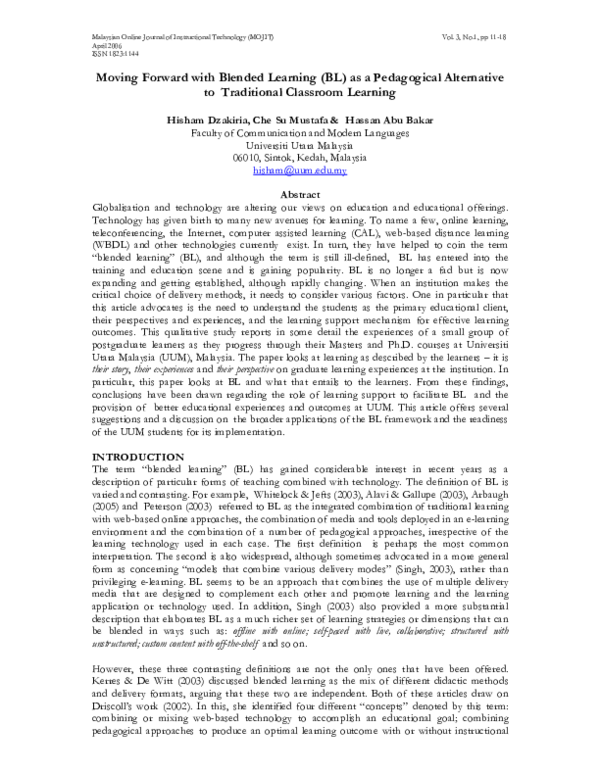 (PDF) Moving Forward with Blended Learning (BL) as a Pedagogical Alternative to Traditional ...