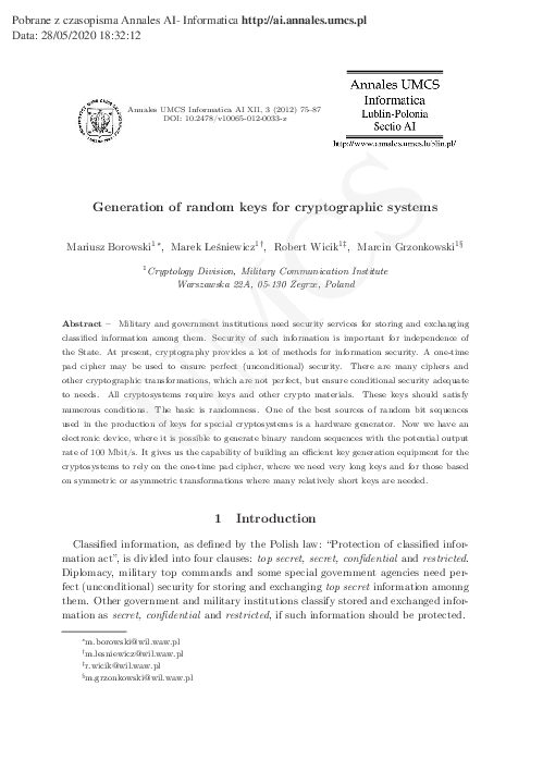 (PDF) Generation of random keys for cryptographic systems