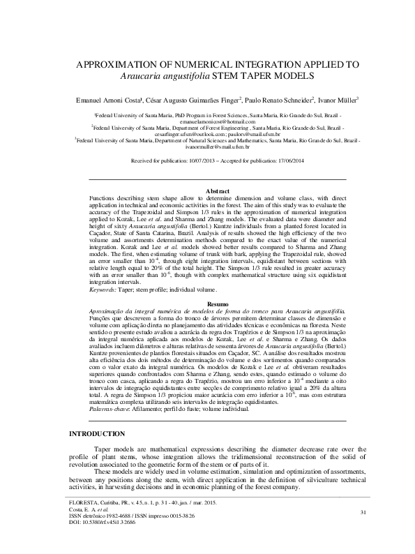 (PDF) APPROXIMATION OF NUMERICAL INTEGRATION APPLIED TO Araucaria angustifólia STEM TAPER MODELS