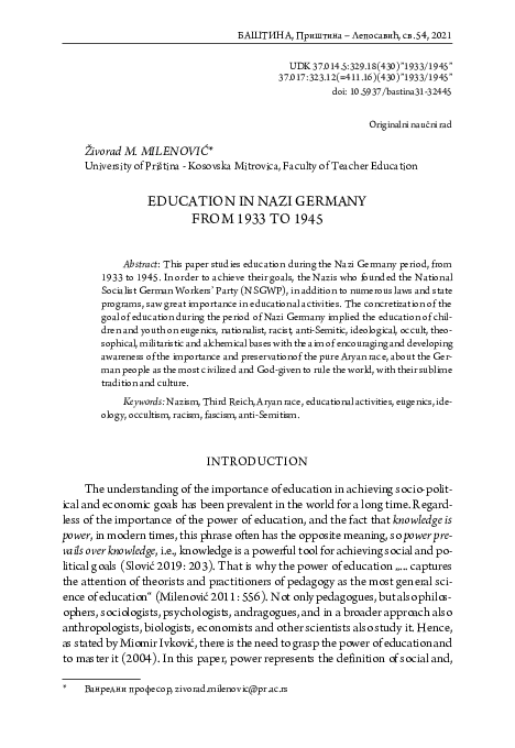 (PDF) The EDUCATION IN NAZI GERMANY FROM 1933 TO 1945