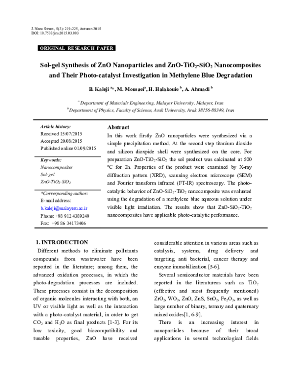 (PDF) Sol-gel Synthesis of ZnO Nanoparticles and ZnO-TiO2-SiO2 ...