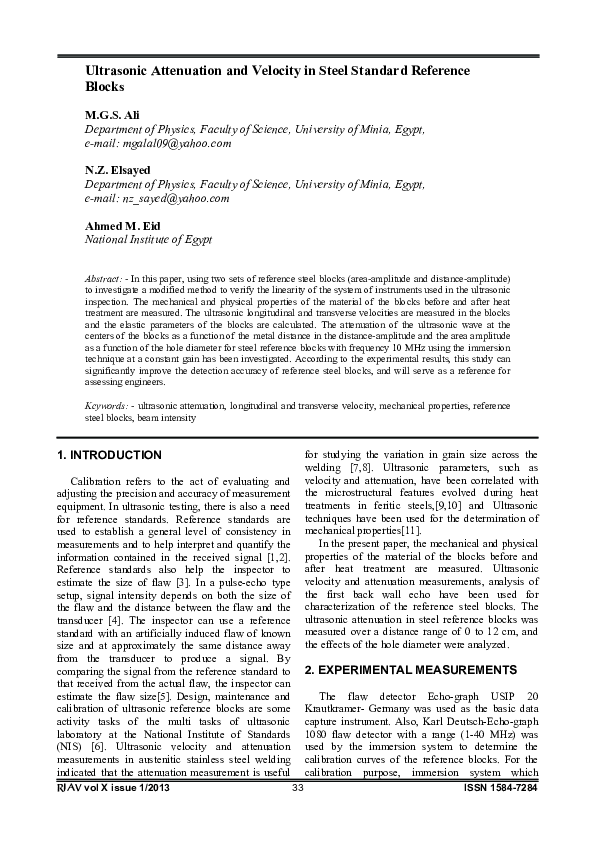 (PDF) Ultrasonic Attenuation and Velocity in Steel Standard Reference ...