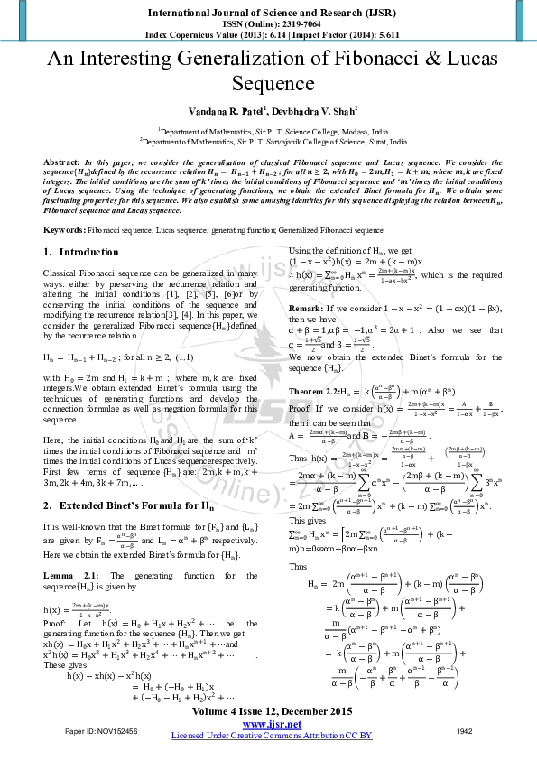 (PDF) An Interesting Generalization of Fibonacci & Lucas Sequence