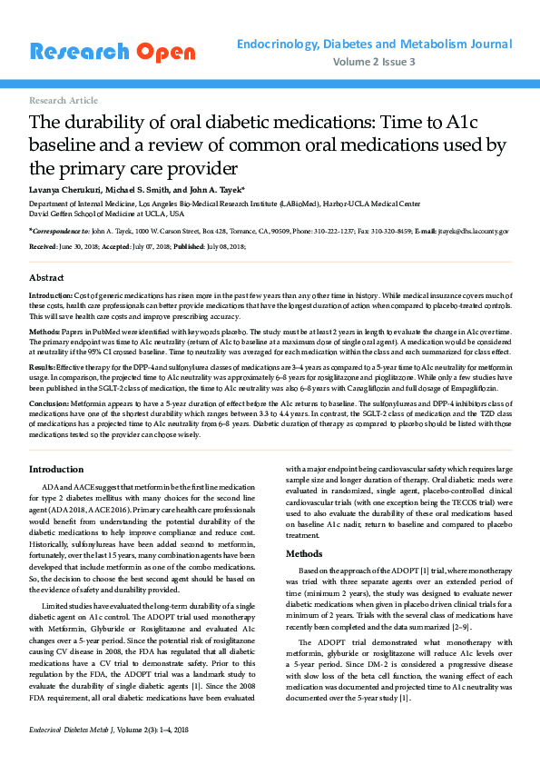 (PDF) The durability of oral diabetic medications: Time to A1c baseline ...