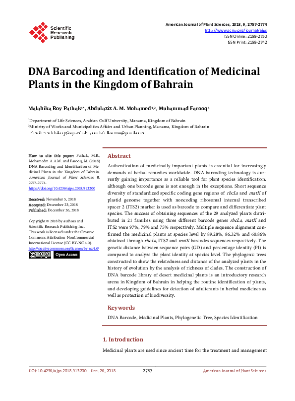(PDF) DNA Barcoding and Identification of Medicinal Plants in the ...