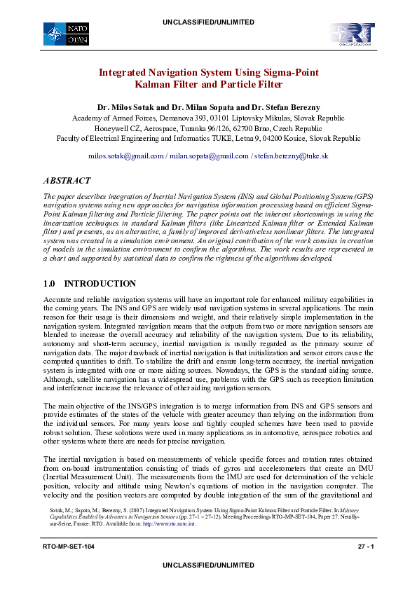Pdf Integrated Navigation System Using Sigma Point Kalman Filter And