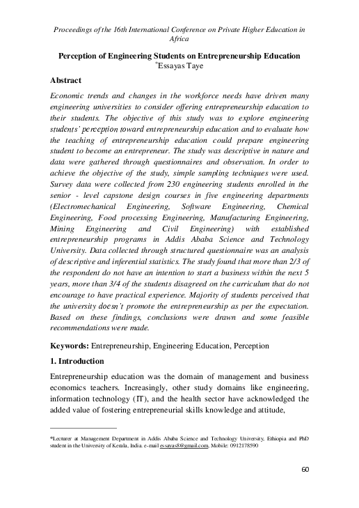 (PDF) Perception of Engineering Students on Entrepreneurship Education