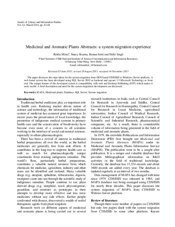 (PDF) Medicinal and Aromatic Plants Abstracts: a system migration ...