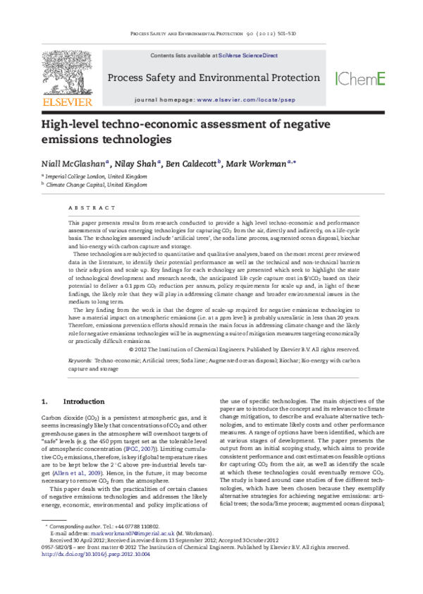 (PDF) High-level techno-economic assessment of negative emissions technologies