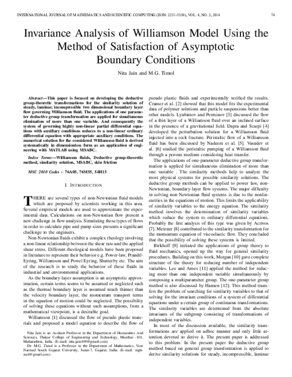 (PDF) Invariance Analysis of Williamson Model Using the Method of ...