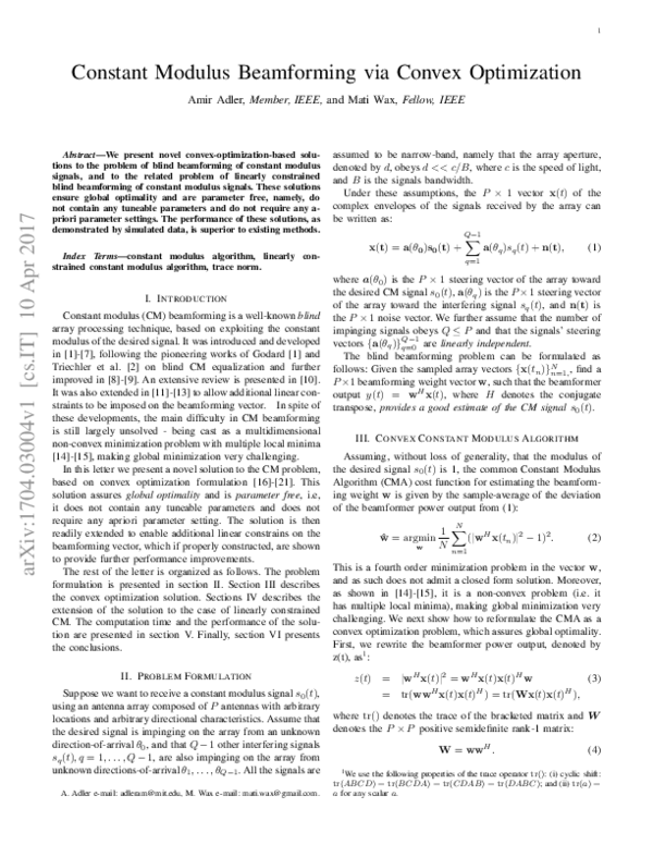 (PDF) Constant Modulus Beamforming via Convex Optimization
