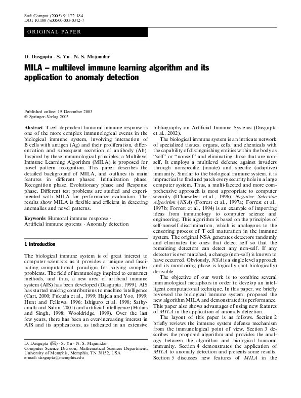 (PDF) MILA – multilevel immune learning algorithm and its application to anomaly detection
