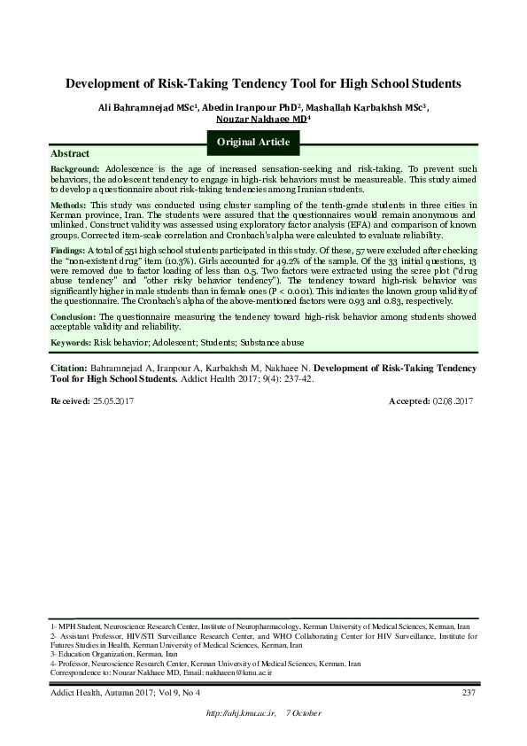 (PDF) Development of Risk-Taking Tendency Tool for High School Students