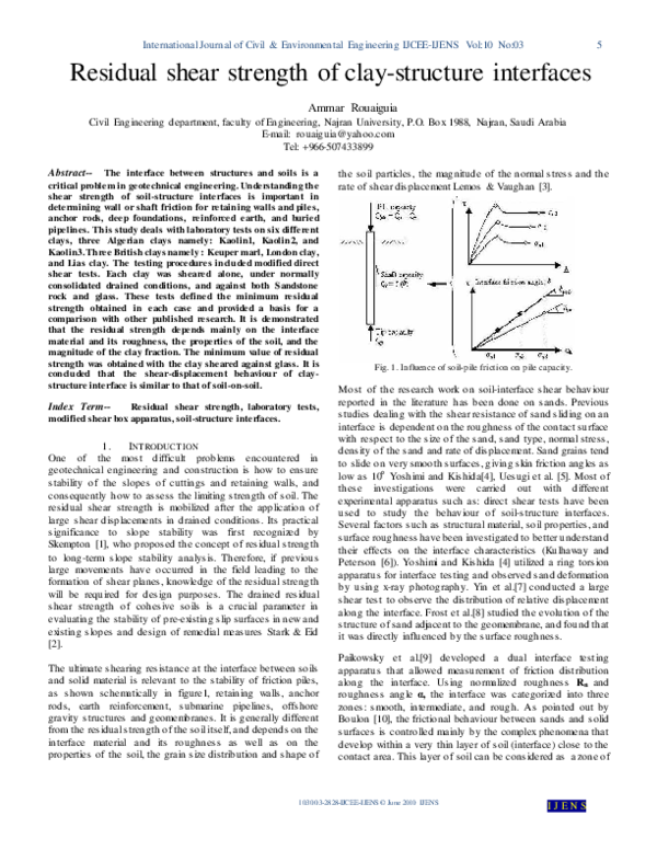 (PDF) Residual shear strength of clay-structure interfaces