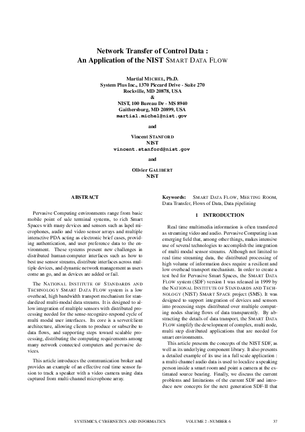 (PDF) Network Transfer of Control Data: An Application of the NIST SMART DATA FLOW