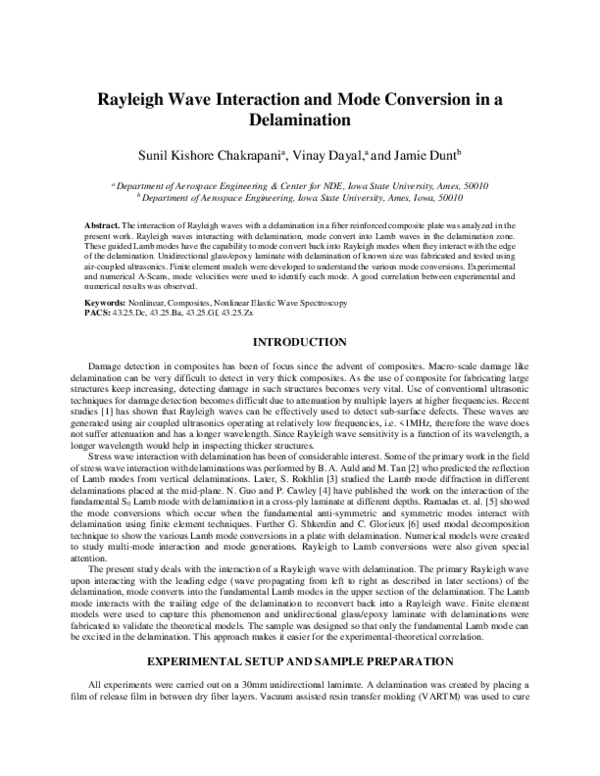 (PDF) Rayleigh wave interaction and mode conversion in a delamination