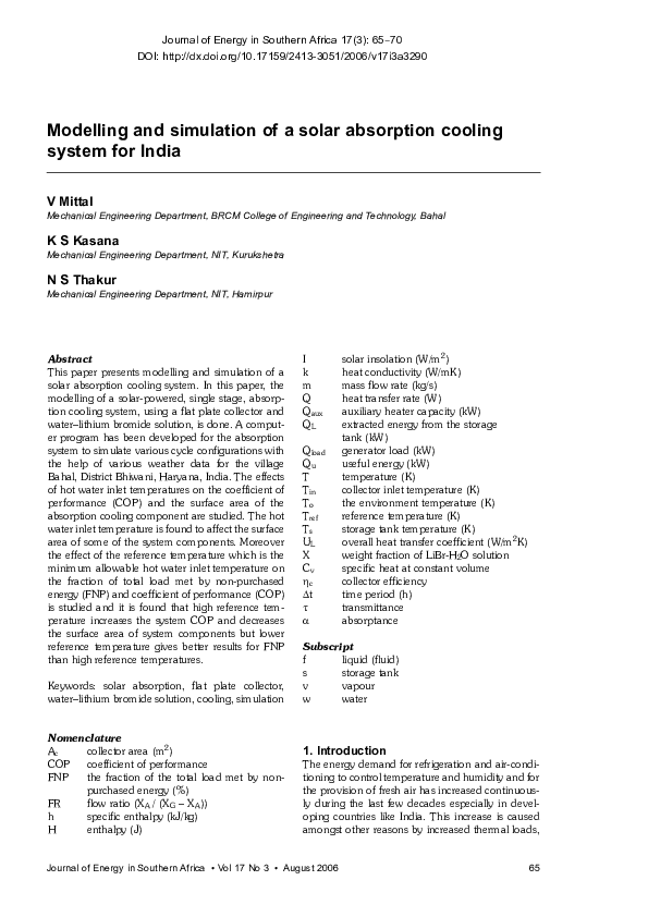 (PDF) Modelling and simulation of a solar absorption cooling system