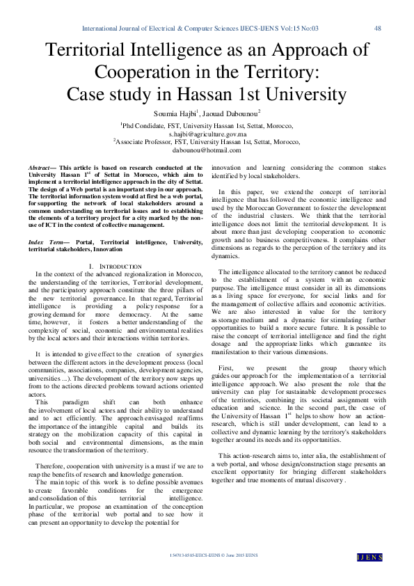 (PDF) Territorial Intelligence as an Approach of Cooperation in the ...