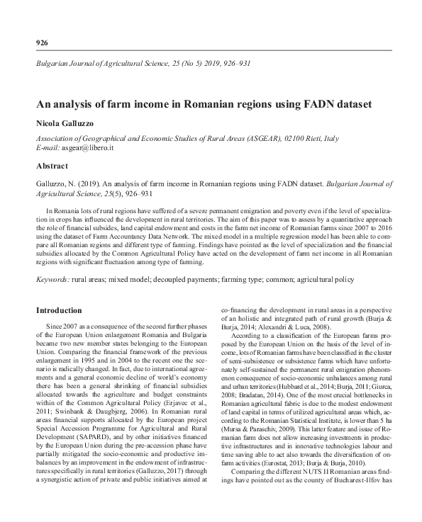(PDF) An analysis of farm income in Romanian regions using FADN dataset