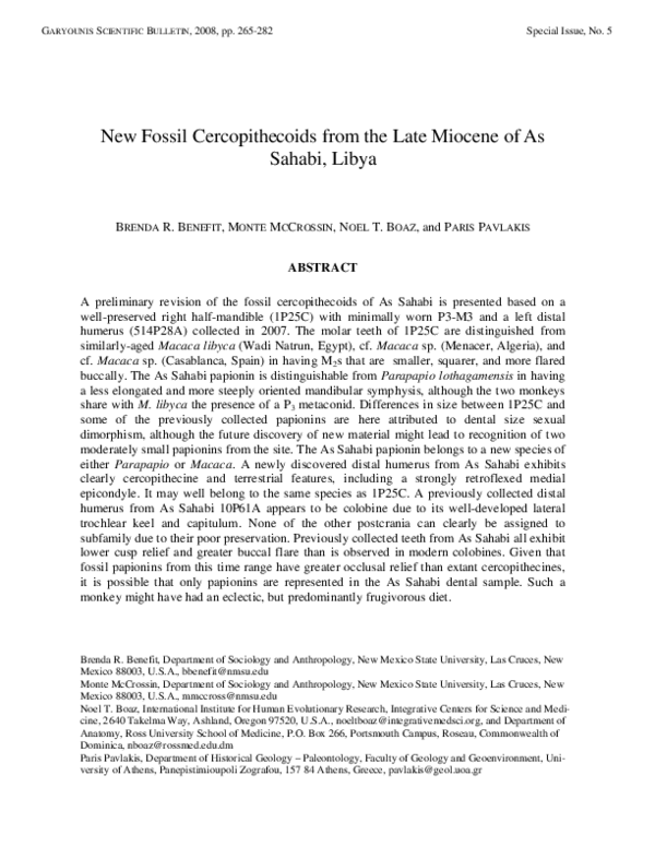 (PDF) New Fossil Cercopithecoids from the Late Miocene of As Sahabi, Libya