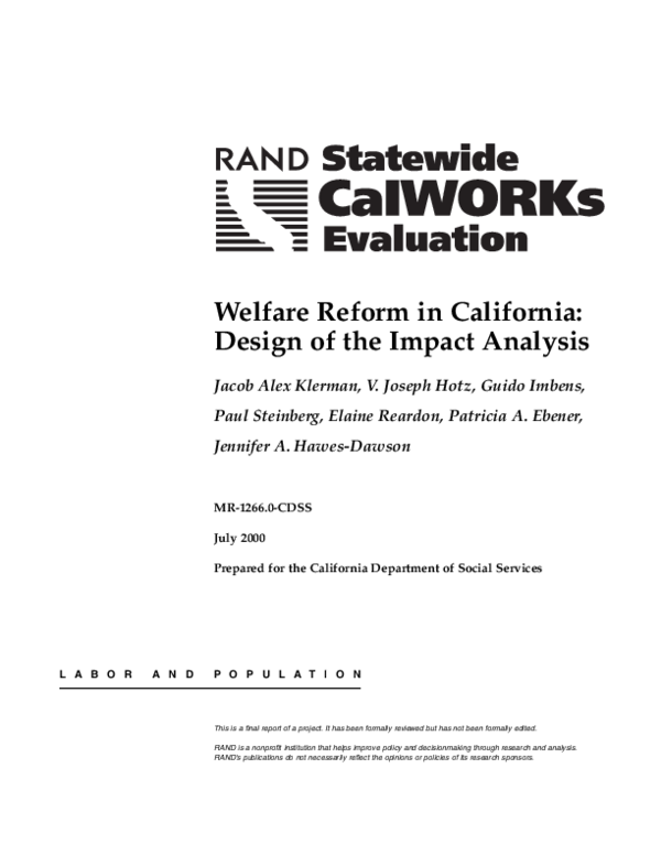 (PDF) RAND Statewide CalWORKS Evaluation Welfare Reform in California ...