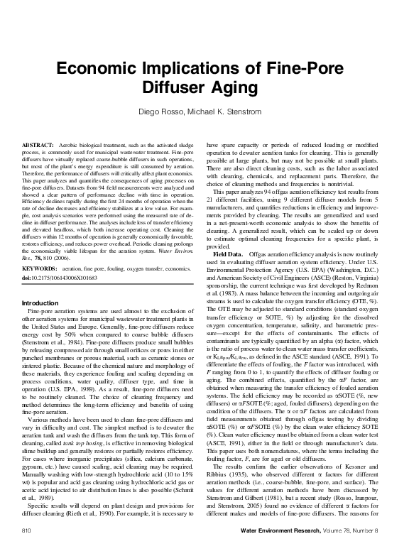 (PDF) Economic implications of fine-pore diffuser aging | Michael ...