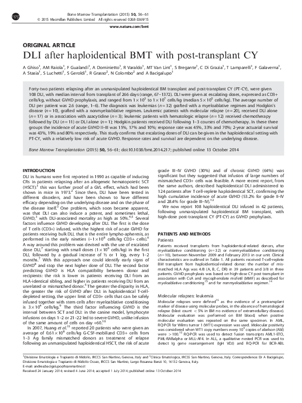 (PDF) DLI after haploidentical BMT with post-transplant CY | Alessandra ...