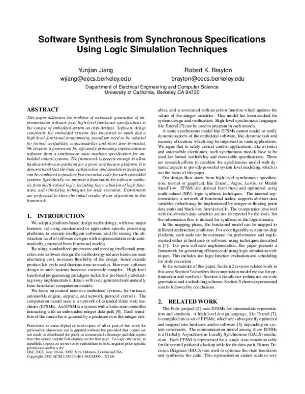 Pdf Software Synthesis From Synchronous Specifications Using Logic Simulation Techniques