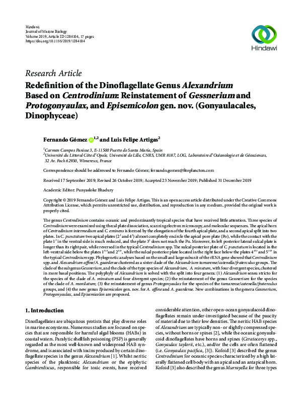 (PDF) Redefinition of the Dinoflagellate Genus Alexandrium Based on ...