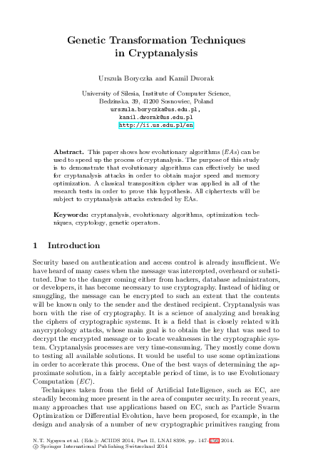 (PDF) Genetic Transformation Techniques in Cryptanalysis