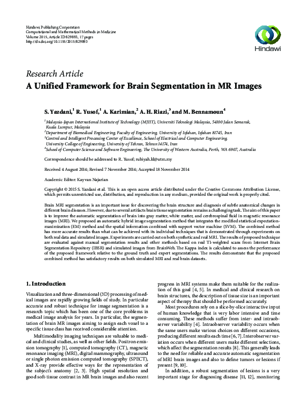 (PDF) A unified framework for brain segmentation in MR Images | Amir ...