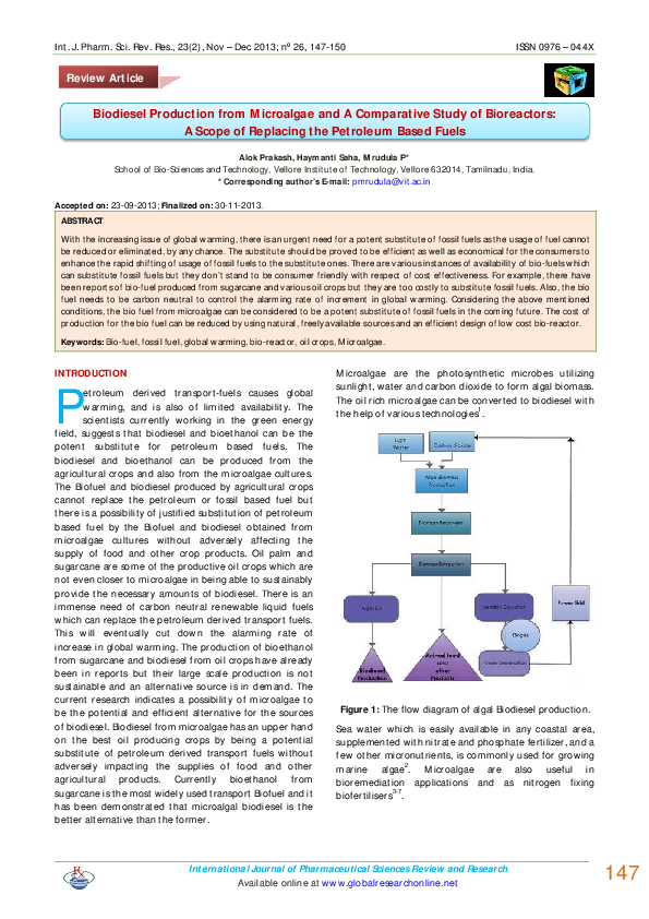 (PDF) Biodiesel production from microalgae and a comparative study of ...