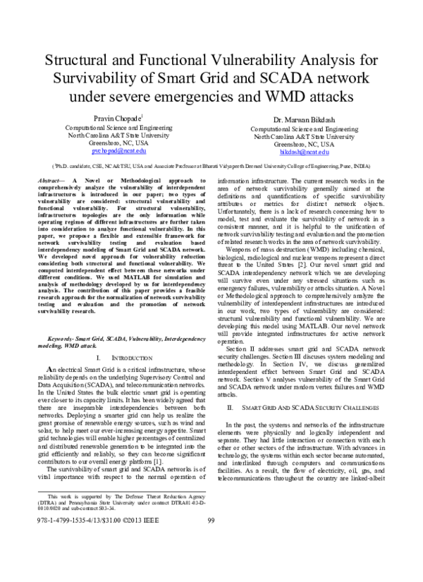 Pdf Structural And Functional Vulnerability Analysis For Survivability Of Smart Grid And Scada