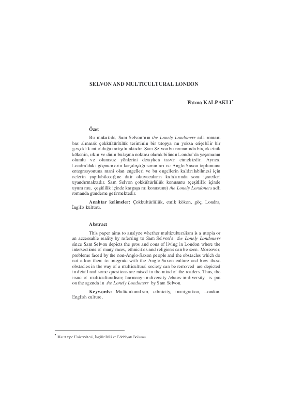 (PDF) Selvon and Multicultural London SAM SELVON THE LONELY LONDONERS