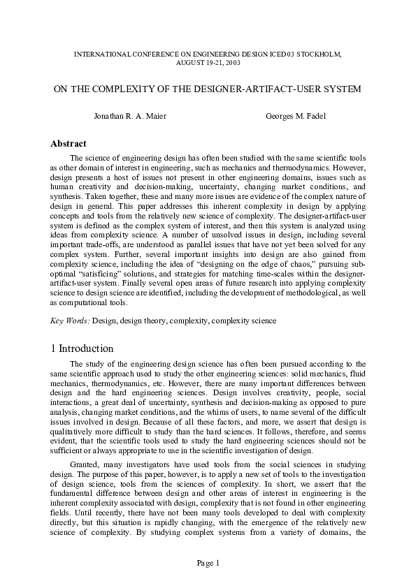 (PDF) On the Complexity of the Designer-Artifact-User System | Georges ...
