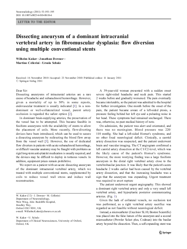 (PDF) Dissecting aneurysm of a dominant intracranial vertebral artery ...