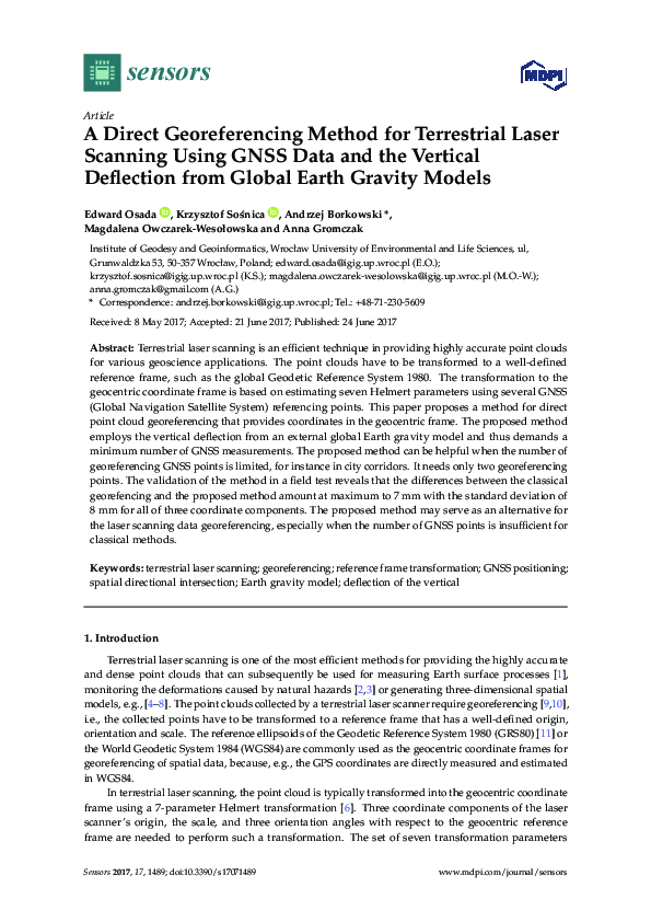 Pdf A Direct Georeferencing Method For Terrestrial Laser Scanning Using Gnss Data And The