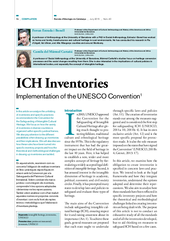 (PDF) ICH Inventories. Implementation of the UNESCO Convention
