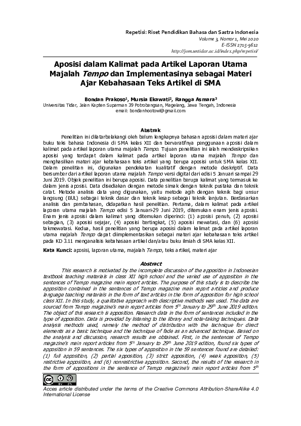 (PDF) Aposisi Dalam Kalimat Pada Artikel Laporan Utama Majalah Tempo ...